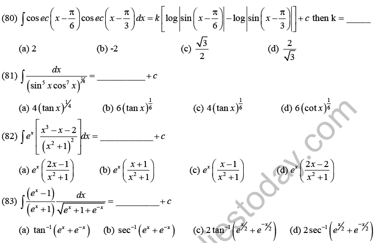 JEE Mathematics Indefinite Integrals MCQs Set C with Answers